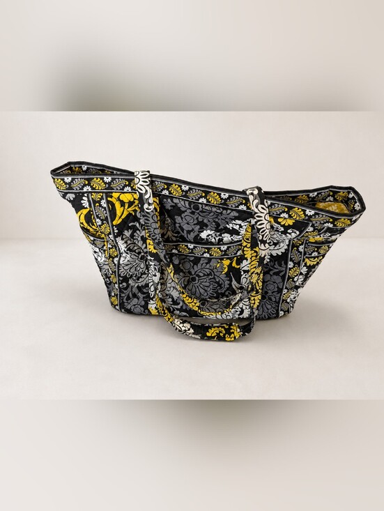 Bags | Quilted Floral Tote Bag In Black And Yellow | Poshmark